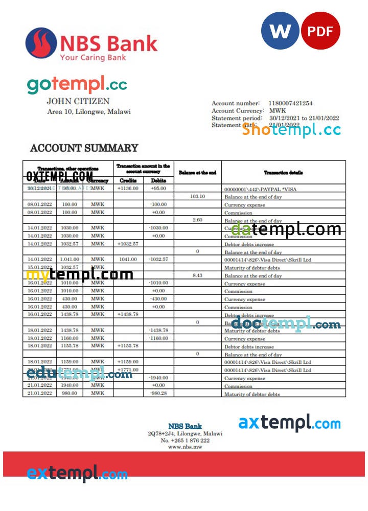 Malawi NBS bank statement template in Word and PDF format | by Doctempl | May, 2024 | Medium
