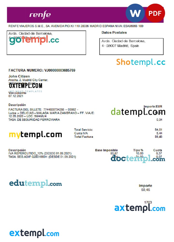 Spain Renfe utility bill, PDF and Word download template | by Intempl ...