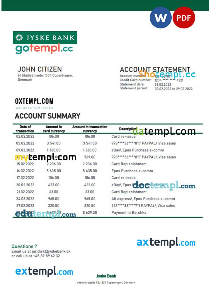 Denmark Jyske bank statement template in Word and PDF format | by ...