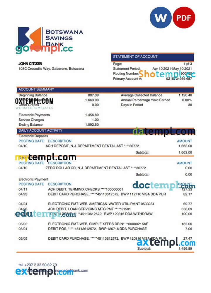 sample Botswana Savings Bank statement template in Word and PDF format download | by ...