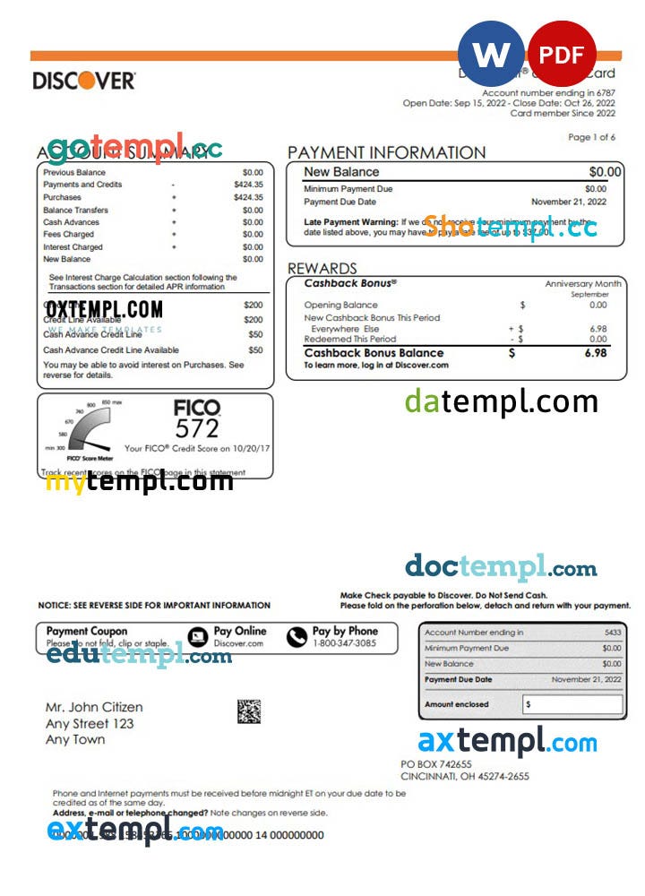 USA Discover bank statement, Word and PDF template, 5 pages | by ...