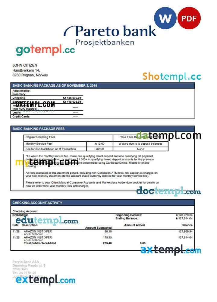 Norway Pareto Bank statement easy to fill template in Word and PDF format | by Doctempl | May ...
