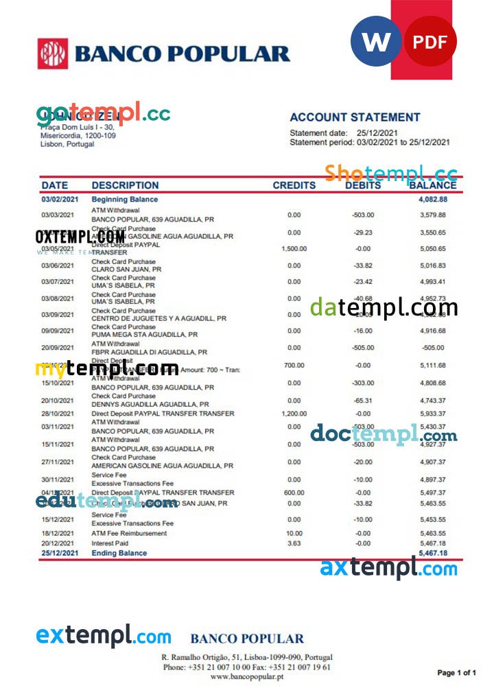 Portugal Banco Popular bank statement in Word and PDF format - Doctempl - Medium