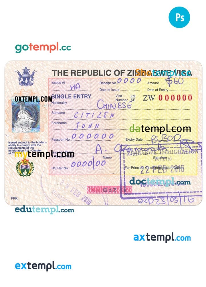 Zimbabwe entry visa PSD template, completely editable, with fonts | by ...