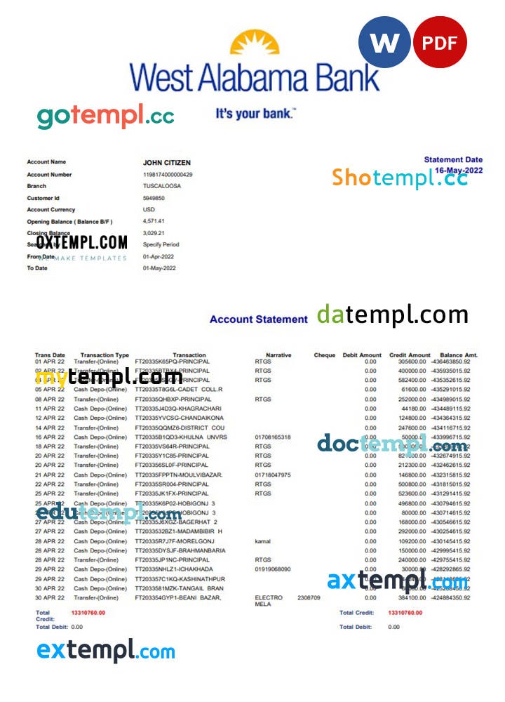 USA West Alabama bank statement Word and PDF template | by Doctempl ...