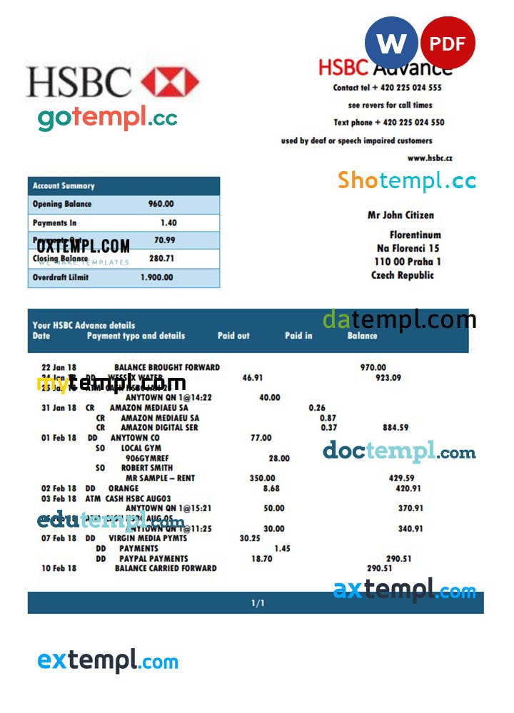 sample Czech HSBC bank statement easy to fill template in .doc and .pdf format, fully editable ...