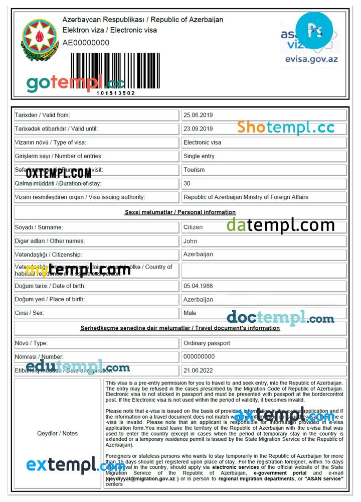 Azerbaijan Electronic Visa PSD template, completely editable, with ...