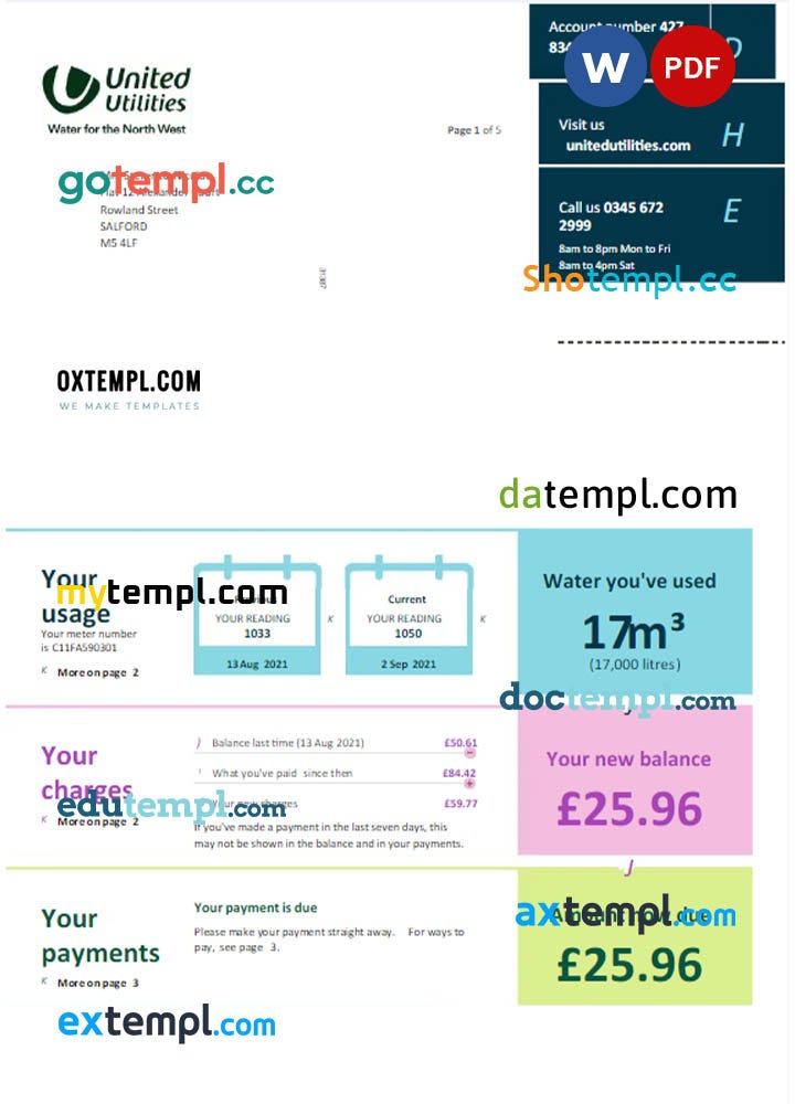UNITED KINGDOM UNITED UTILITIES utility bill, PDF and Word download ...