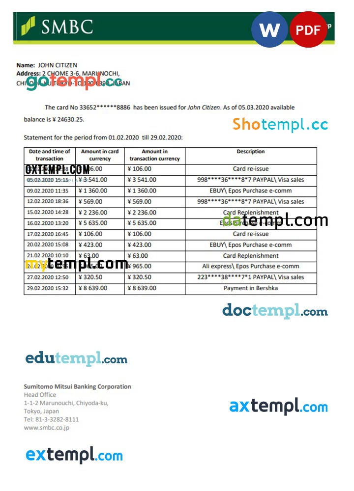 Japan Sumitomo Mitsui Banking Corporation (SMBC) bank statement template in Word and PDF format ...