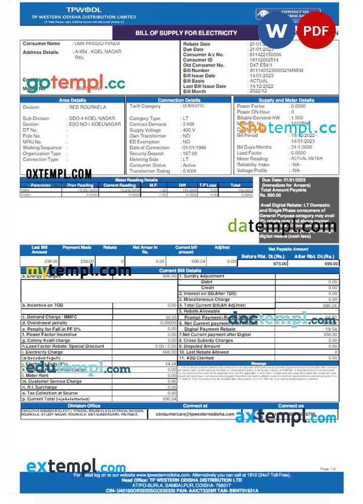 INDIA TPWODL utility bill, PDF and Word download template | by ...
