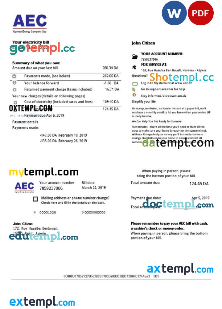 Algeria AEC Algerian Energy Company utility bill, PDF and Word download ...