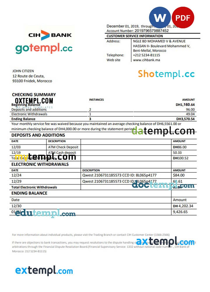 Morocco CIH bank proof of address statement template in Word and PDF format | by Doctempl | May ...