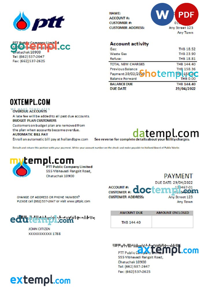 Thailand PTT gas utility bill, PDF and Word download template | by ...