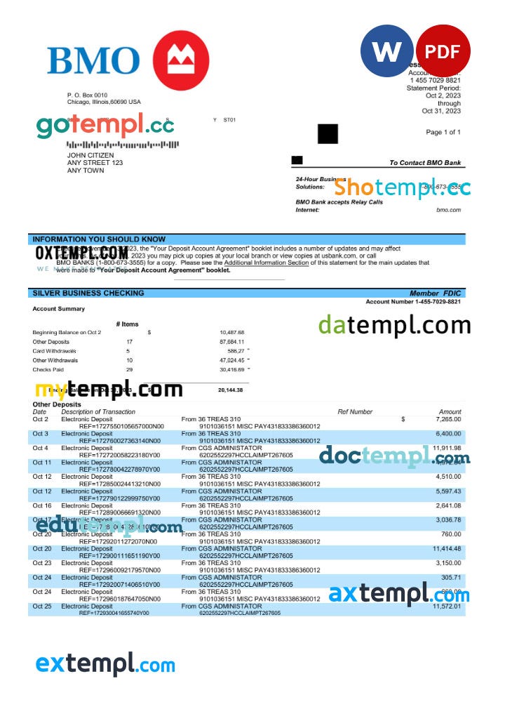 BMO Canada bank corporate account statement Word and PDF template download template | by Intempl ...