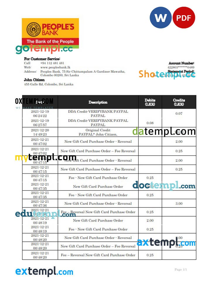 Sri Lanka People’s Bank bank statement template in Word and PDF format, version 2 - Doctempl ...