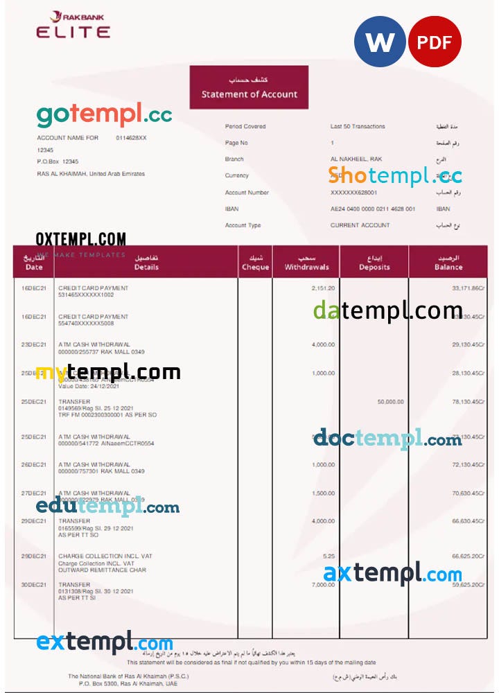 UAE RAKBANK ELITE bank statement Word and PDF template | by Katempl ...