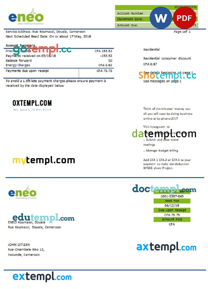 Cameroon ENEO electricity utility bill, PDF and Word download template | by In templl | Apr ...