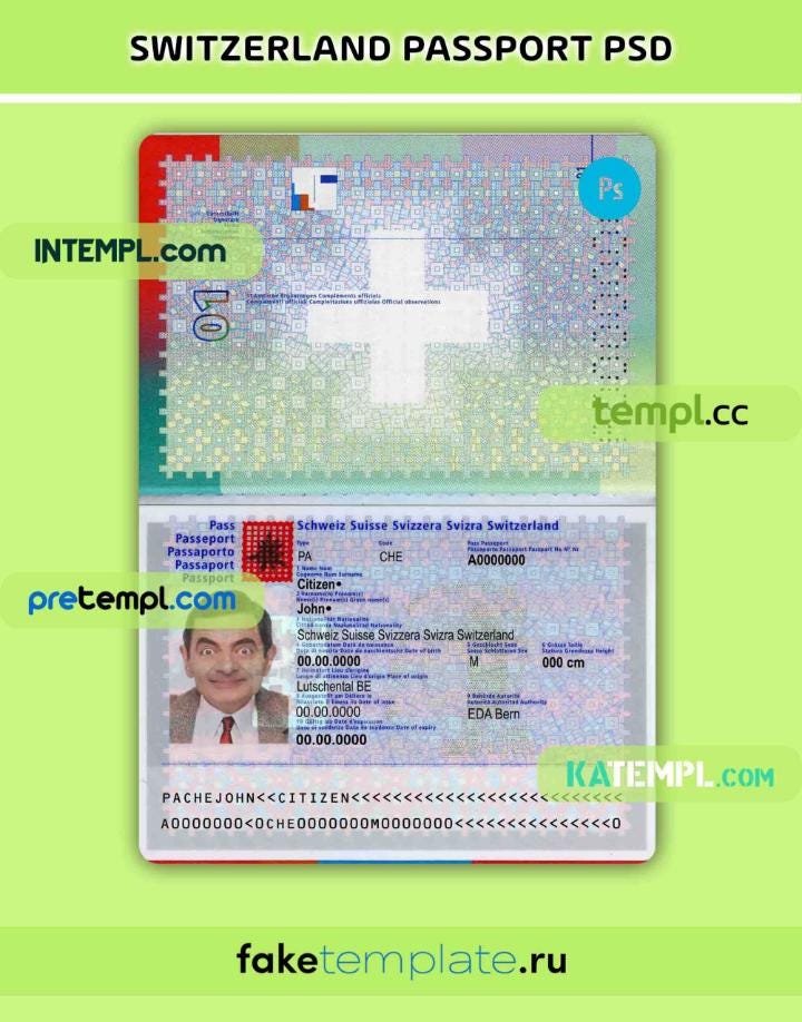 Switzerland passport PSD download template, 2022-present - Intempl Pass ...