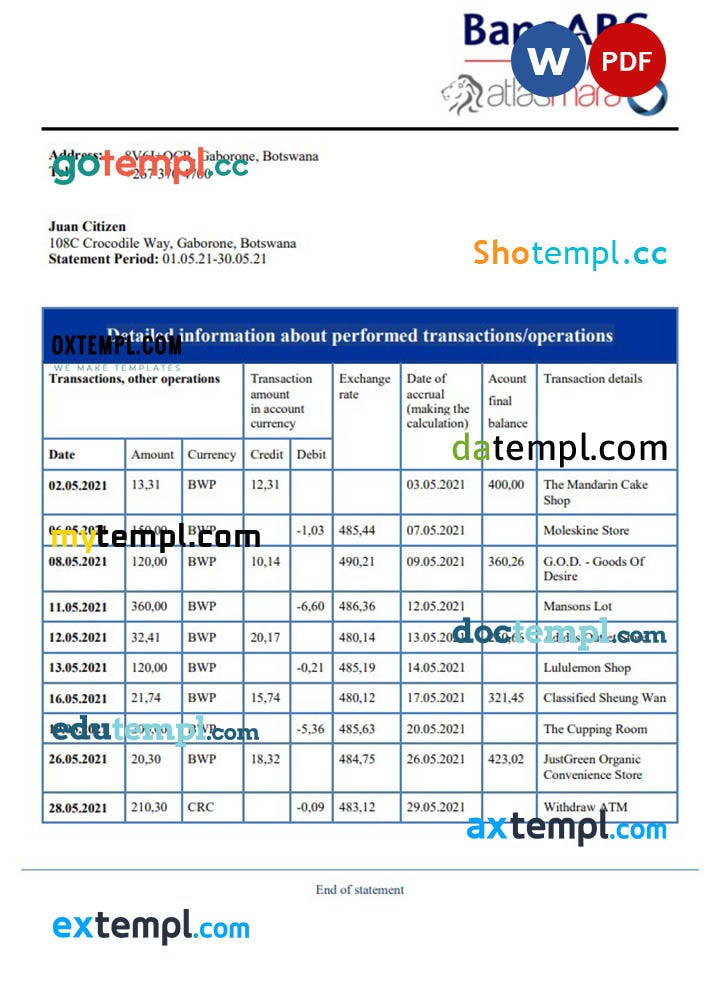sample Botswana Bank ABC bank statement template in Word and PDF format download | by ...