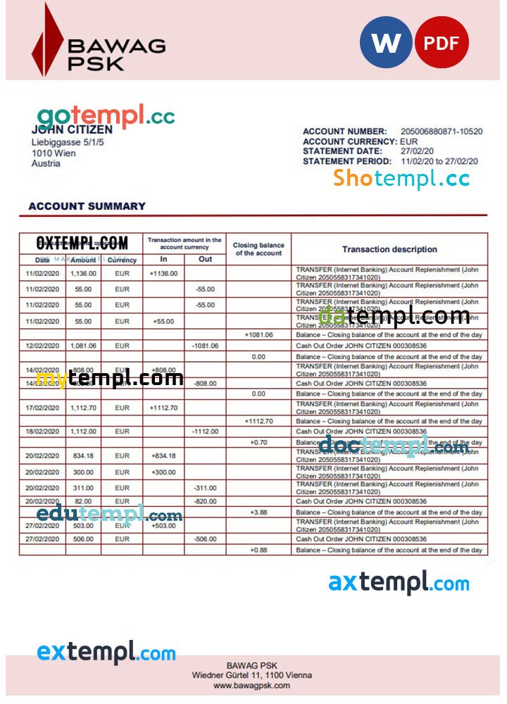 sample Austria BAWAG PSK bank statement template in Word and PDF format download | by Axtempl ID ...