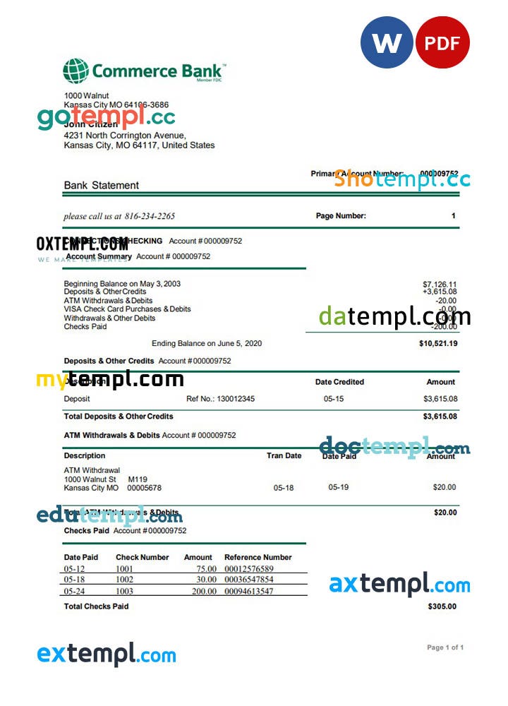 USA Commerce bank proof of address statement template in Word and PDF format | by Doctempl | Jan ...