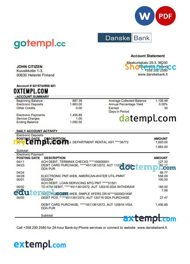 Finland Danske Bank statement template in Word and PDF format | by doctempl | Jul, 2024 | Medium