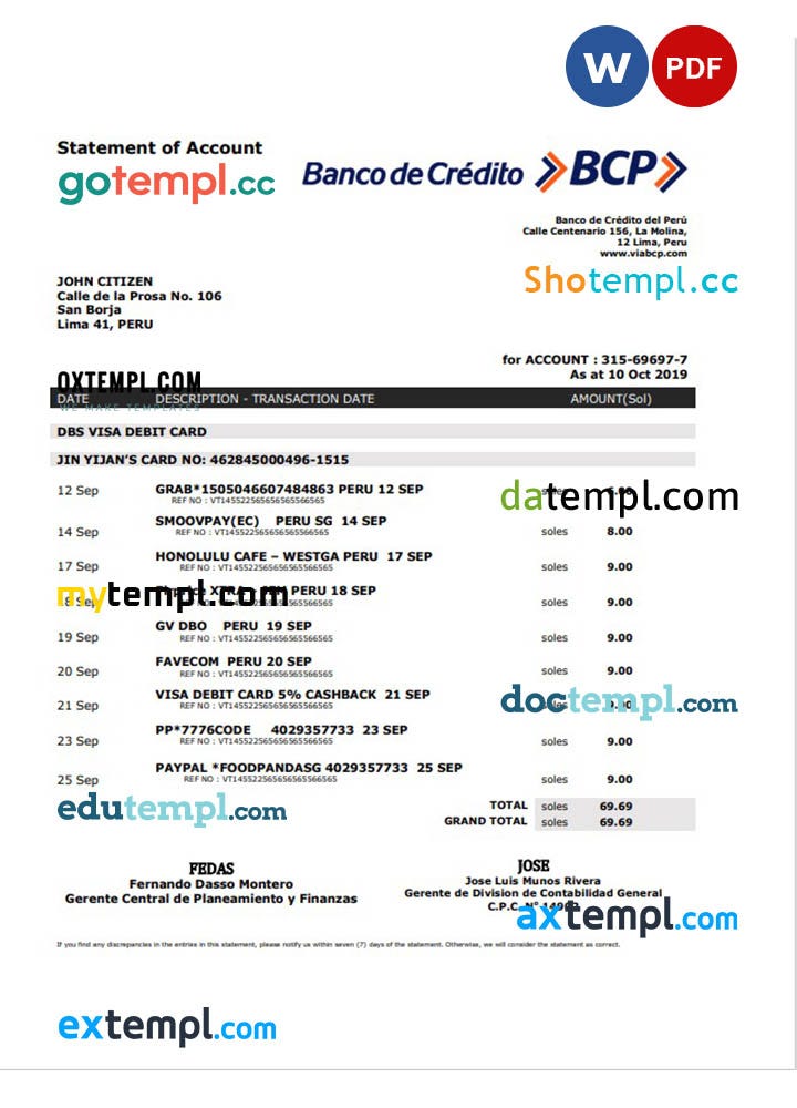 Peru Banco de Credito del Peru (BCP) proof of address bank statement template in Word and PDF ...