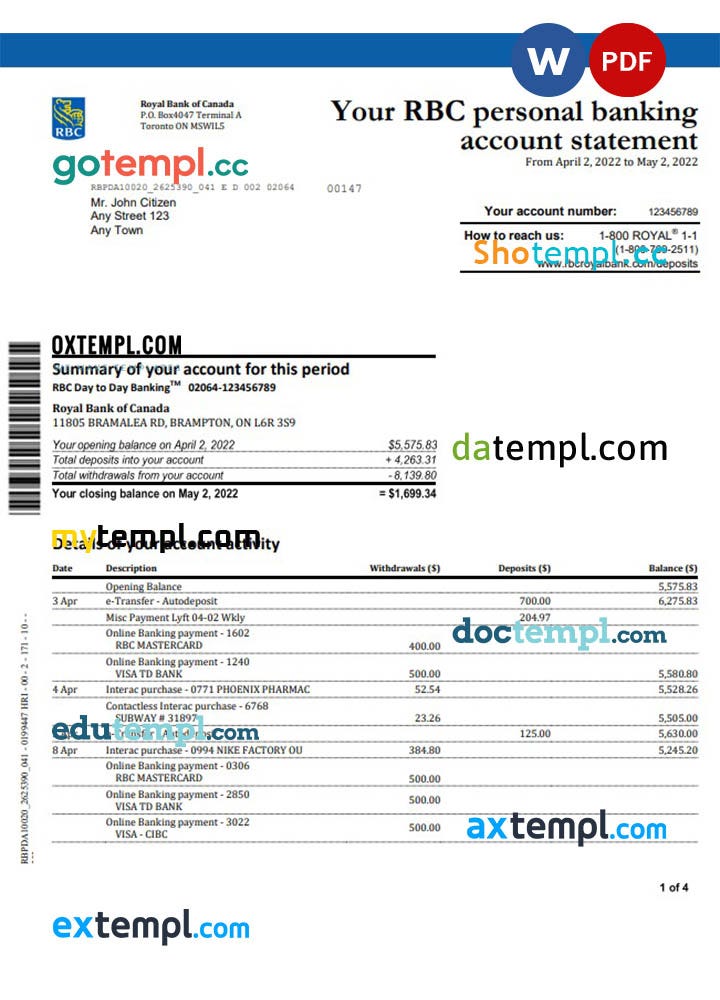sample Canada Royal Bank of Canada (RBC) bank statement, Word and PDF template,version 3 ...