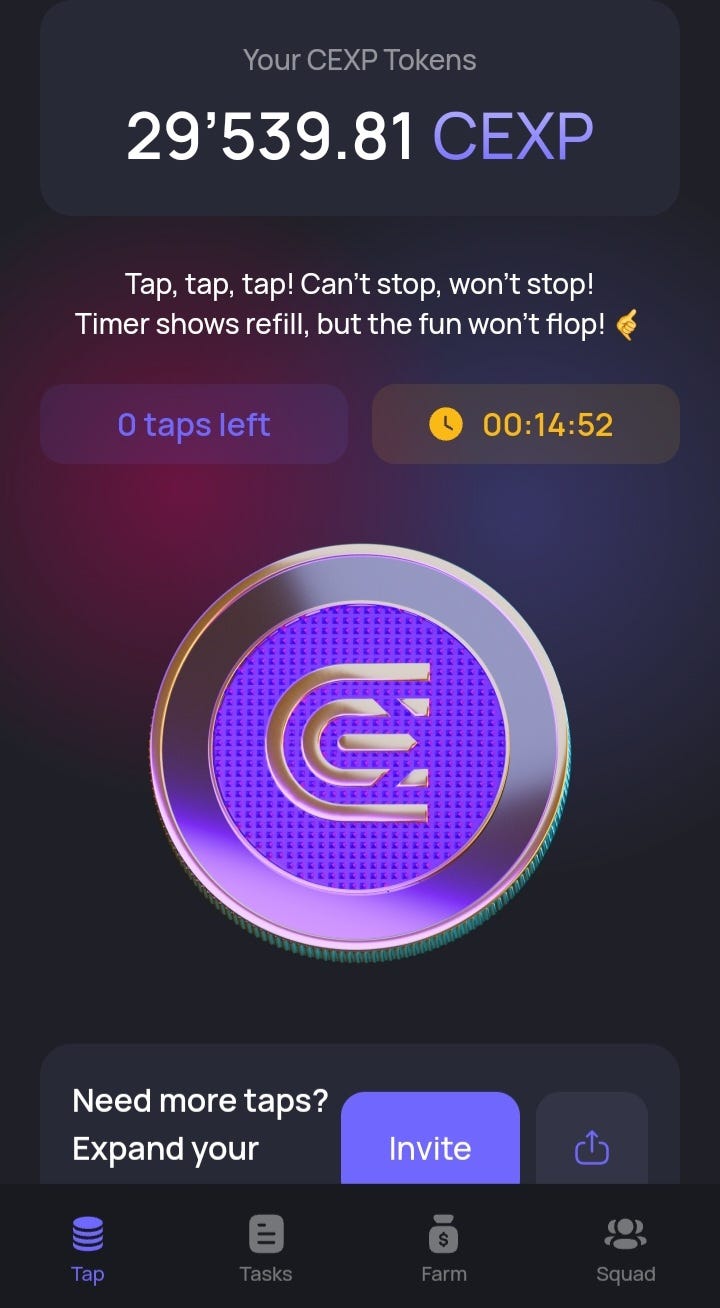 AIRDROP FREE CEXP TOKEN https://t.me/cexio_tap_bot?start=1716260228184259 CEXP tokens farming ...