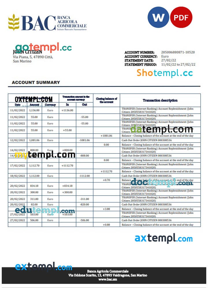 San Marino Banca Agricole Commerciale bank statement template in Word and PDF format - Doctempl ...