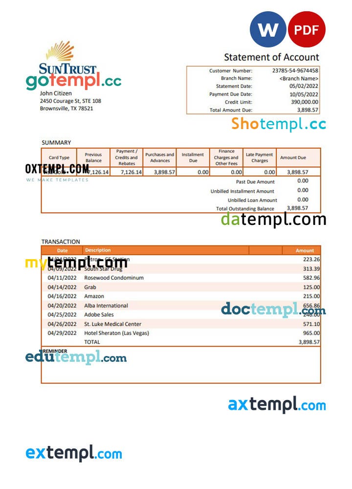 USA SunTrust bank statement Word and PDF template, version 2 | by Doctempl | Medium
