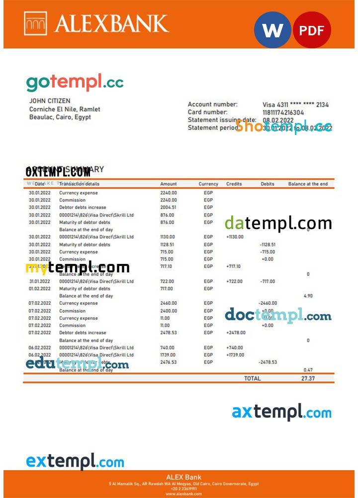 sample Egypt Alex Bank of Egypt proof of address statement template in Word and PDF format (.doc ...