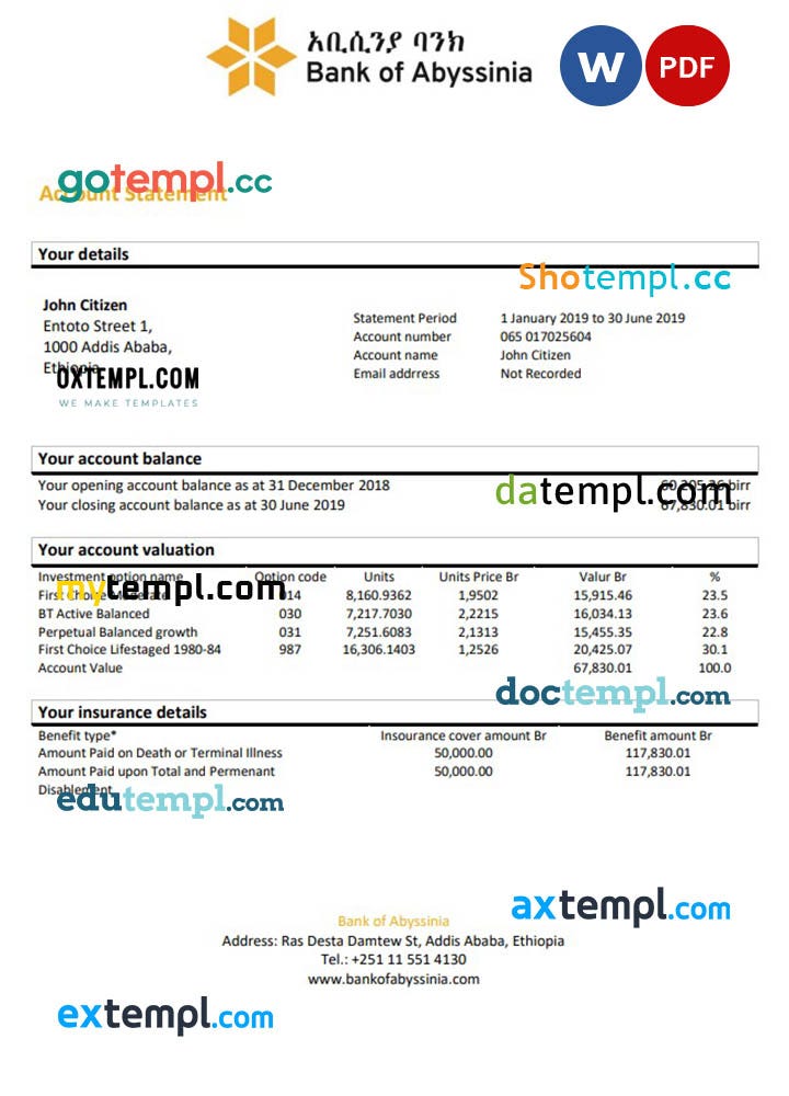 Ethiopia Bank of Abyssinia proof of address bank statement template in Word and PDF format | by ...