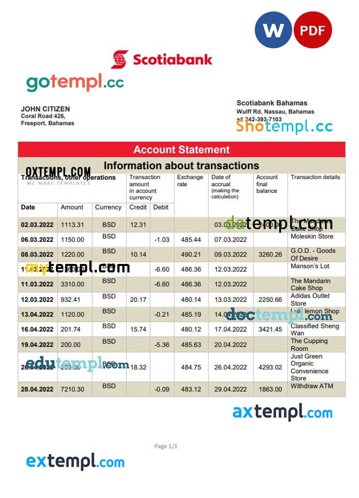 Bahamas Scotiabank bank statement in Word and PDF format, fully ...