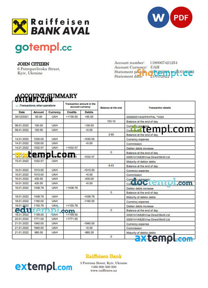 Ukraine Raiffeisen Bank statement template, Word and PDF format (.doc ...