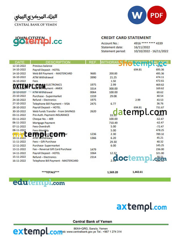 Yemen Central Bank of Yemen bank statement Word and PDF template | by ...
