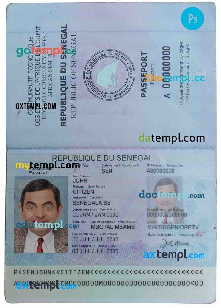 Senegalese passport example in PSD format, fully editable - Intempl ...