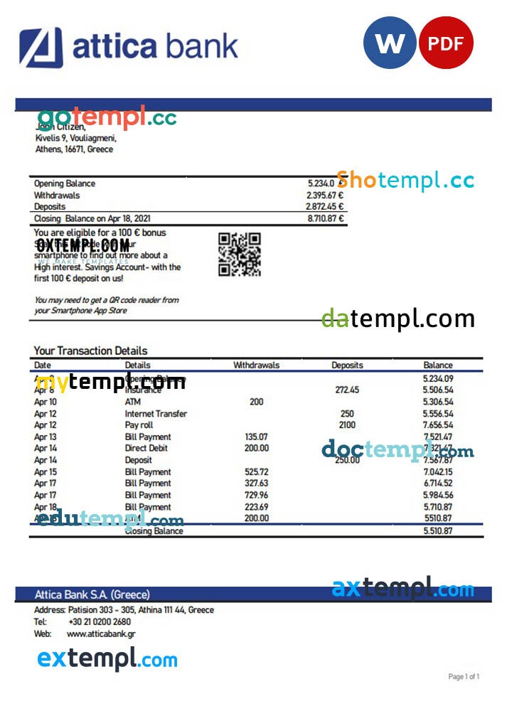 Greece Attica proof of address bank statement template in Word and PDF ...