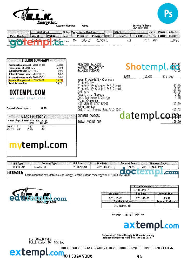 Canada ELK energy utility bill template, fully editable in PSD format ...