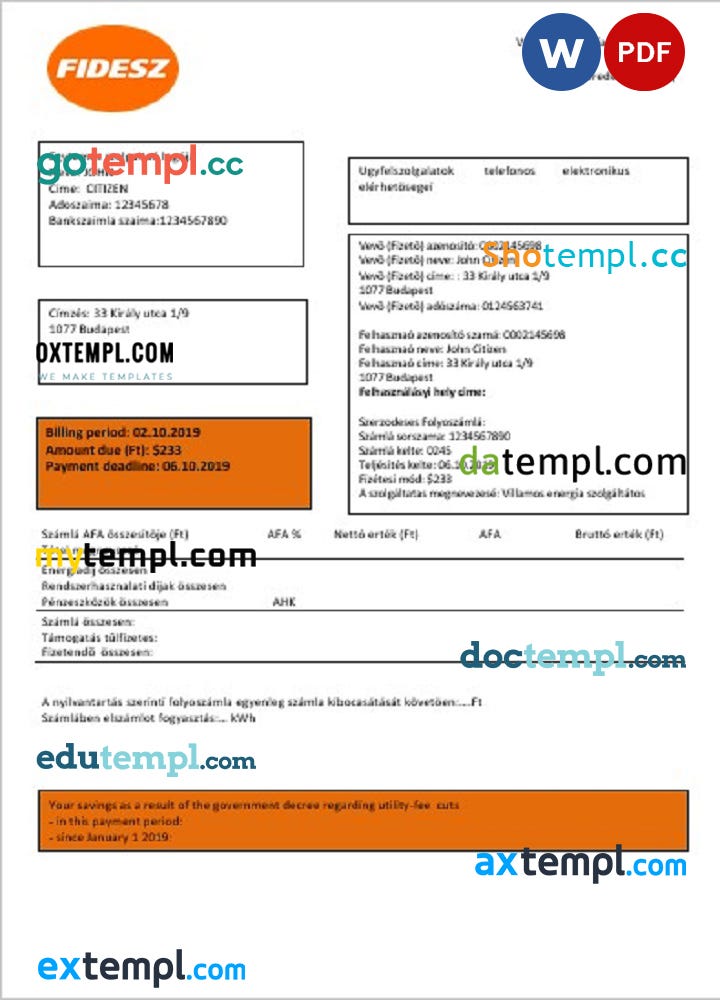 Hungary FIDESZ utility bill, PDF and Word download template | by ...