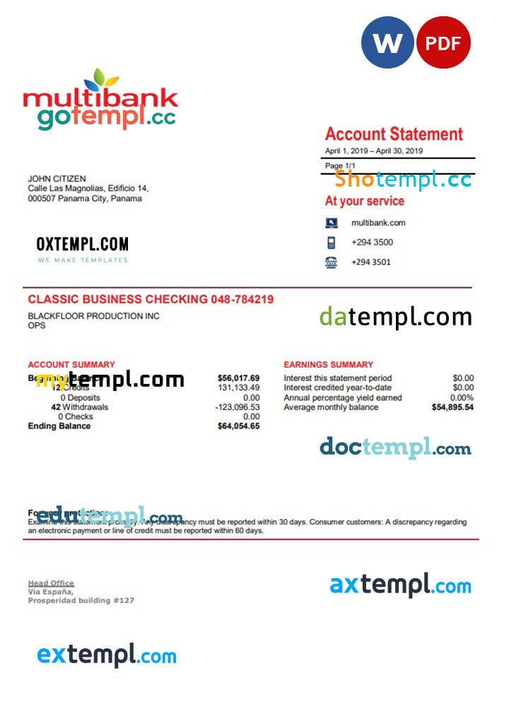 Panama Multibank proof of address bank statement template in Word and PDF format - Doctempl - Medium