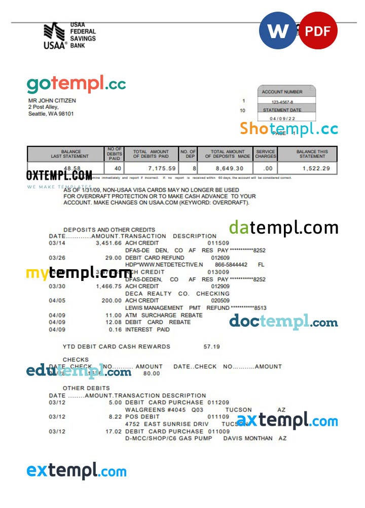 USA USAA bank statement Word and PDF template, 5 pages | by Doctempl | Medium