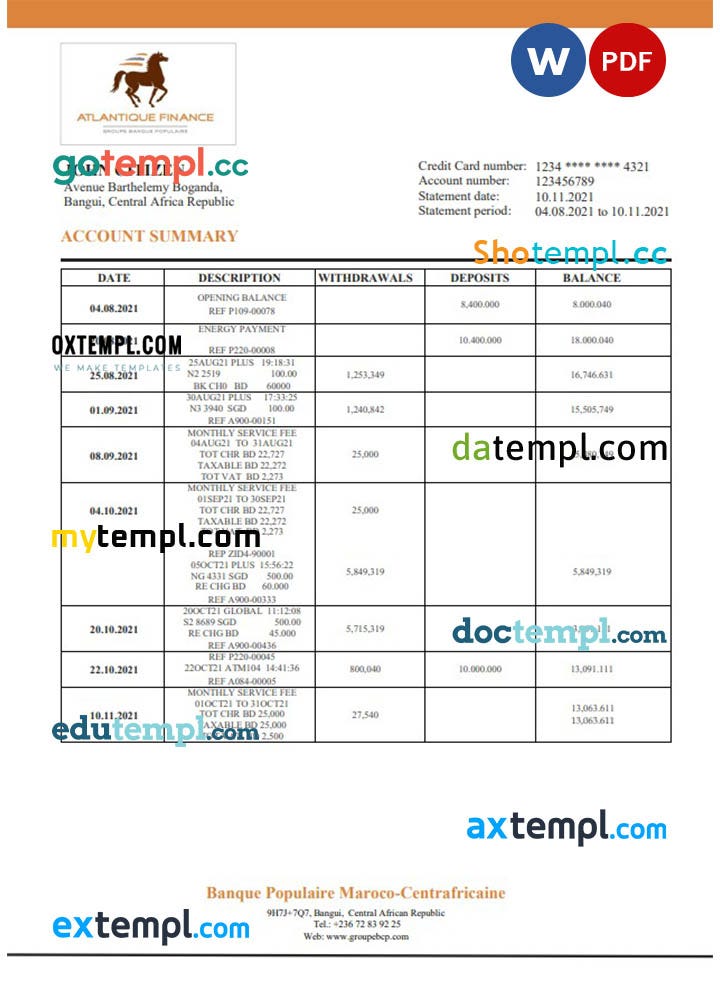sample Central African Republic Banque Populaire Maroco Centrafricaine ...