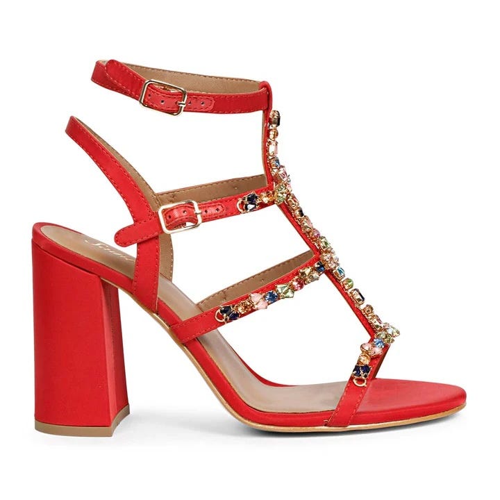 SAINT GRETEL MULTI STONE EMBELLISHED RED CAGE BLOCK HEELS - Saintg - Medium