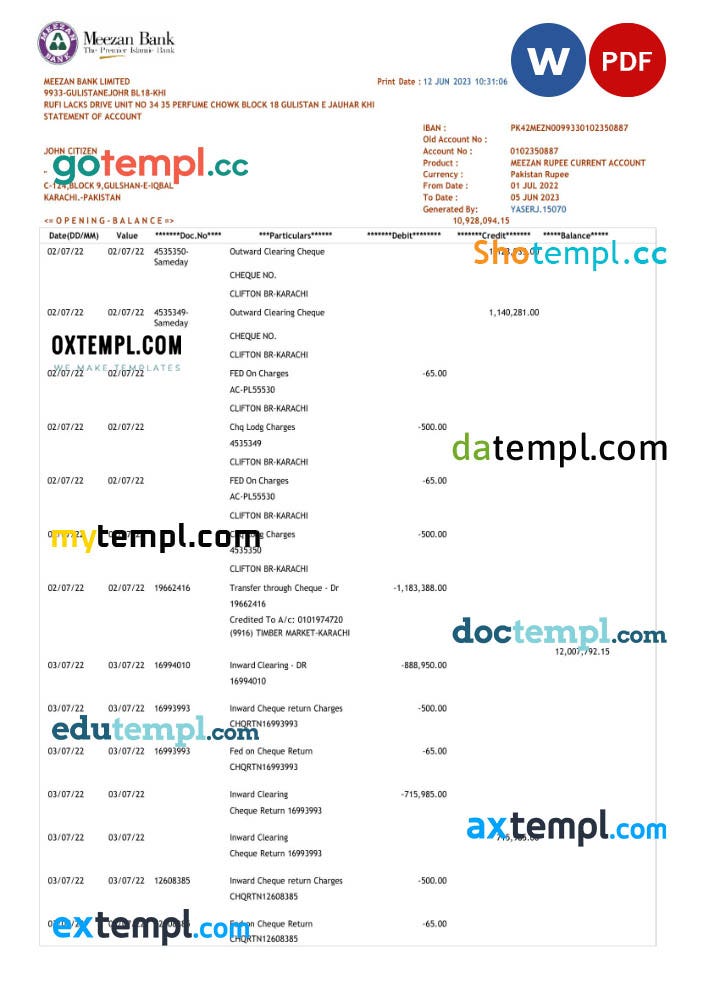 Pakistan Meezan bank statement Word and PDF template, 2 pages | by ...