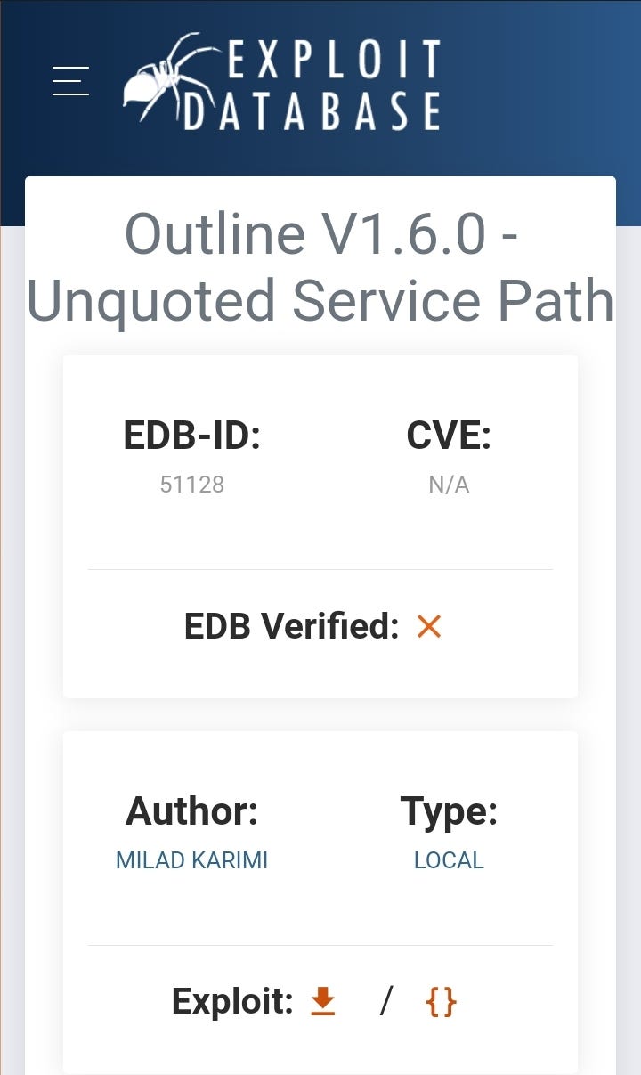 # Exploit Title: Outline V1.6.0 - Unquoted Service Path # Exploit Author: Milad Karimi ...
