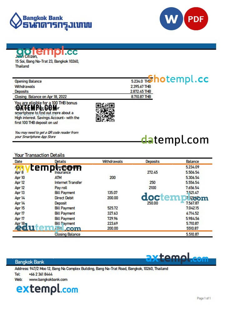 Thailand Bangkok Bank statement template in Word and PDF format, version 2 | by Doctempl | Medium