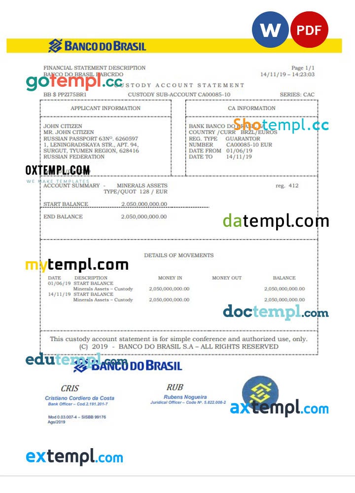 sample Brazil Banco do Brasil bank statement template in Word and PDF ...