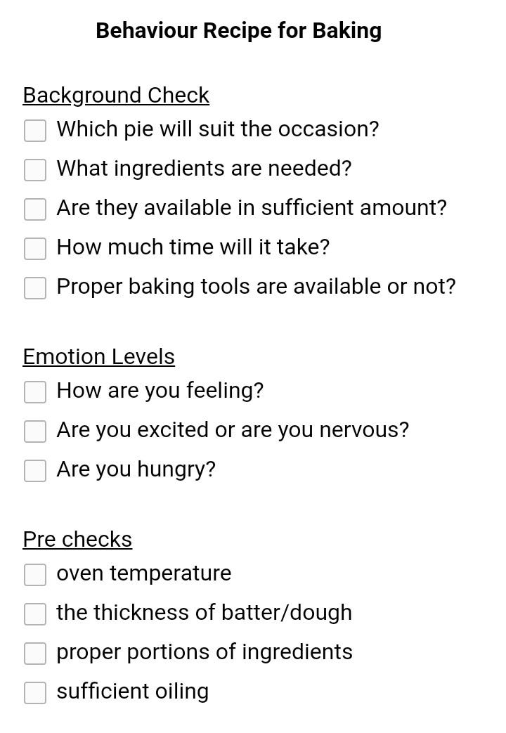 Behaviour Recipe for Baking. It was a special evening. After a long ...