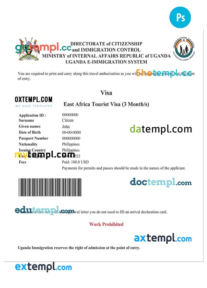 Uganda electronic entry visa PSD template, fully editable | by Doctempl ...
